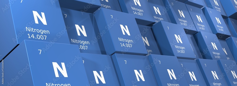 Nitrogen, 3D rendering background of cubes of symbols of the elements ...