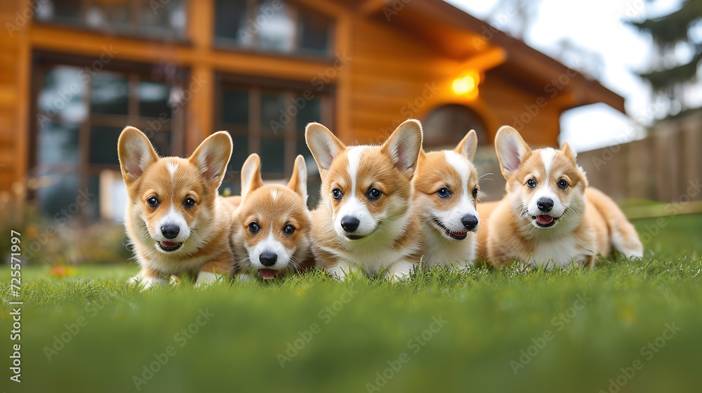 quintet of corgi pups, cheerful lineup of young Welsh Corgis playfully ...
