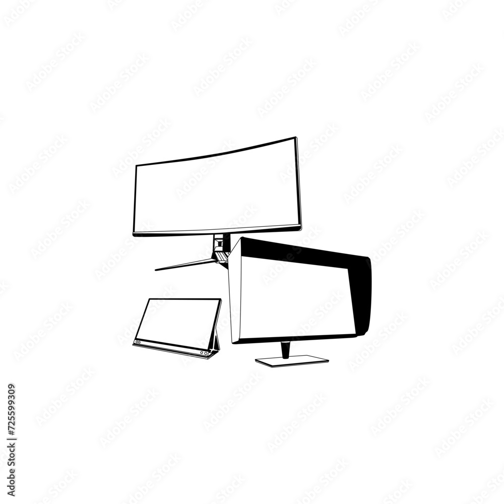 Curved gaming computer monitor outline icon. Flat monitor wall. Media ...