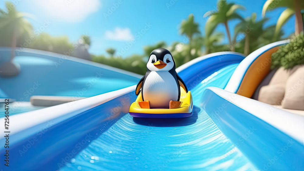 Penguin on water slide in aquapark. Banner for a water park. Generative ...