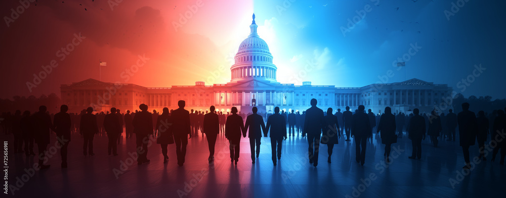 Bipartisan Divide: US Capitol in Dual Light. The US Capitol illuminated ...