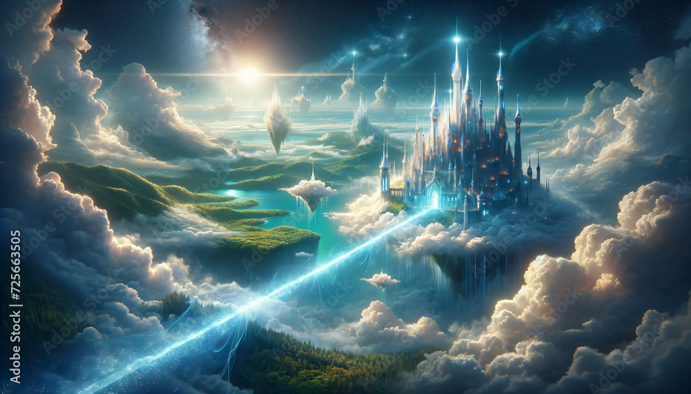Magical castle in the clouds, connected to earth by a shimmering beam ...