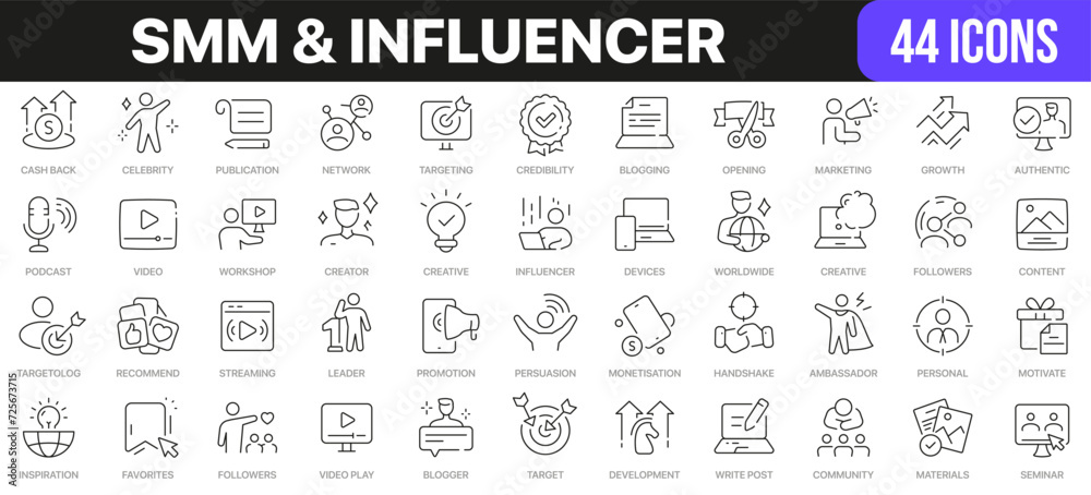 SMM and influencer line icons collection. UI icon set in a flat design ...