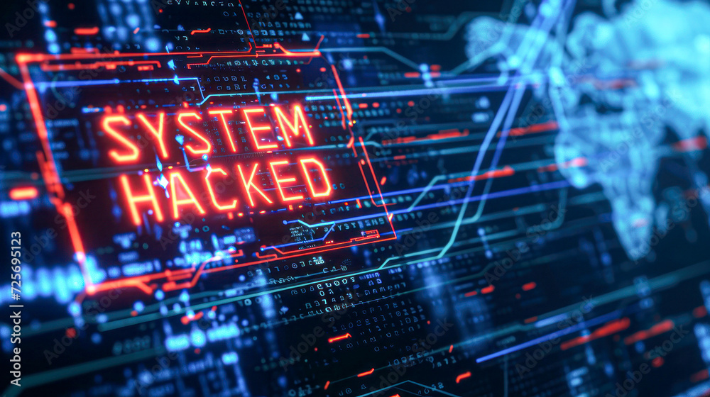 Cybersecurity Breach Alert with "System Hacked" Sign.A digital ...