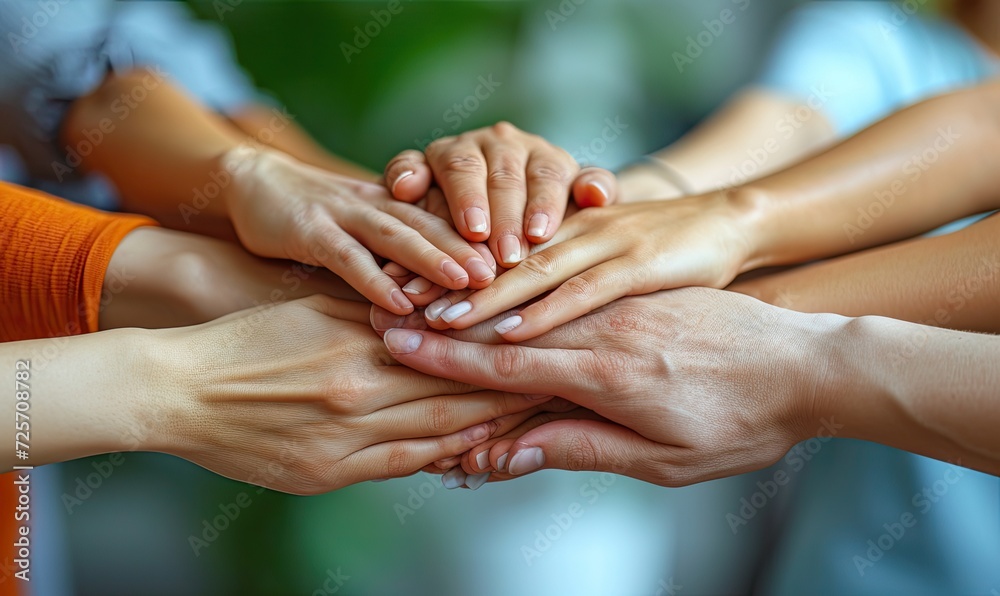 A diverse group of people stack hands together in a unified gesture of ...