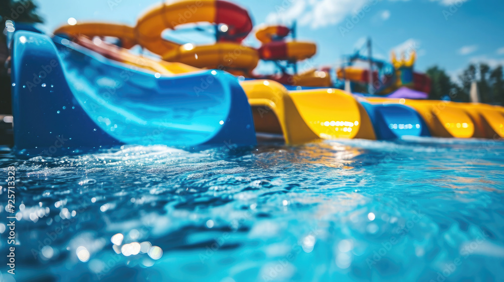 .blue water surface in the pool, view of the water park slides, close ...