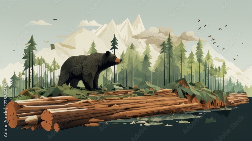 Illustration of a bear losing its habitat, deforested by illegal ...