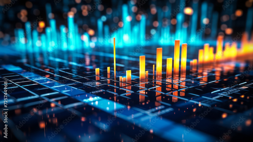 Abstract technological background with pulsating light bars on a grid, concept of data analysis ...