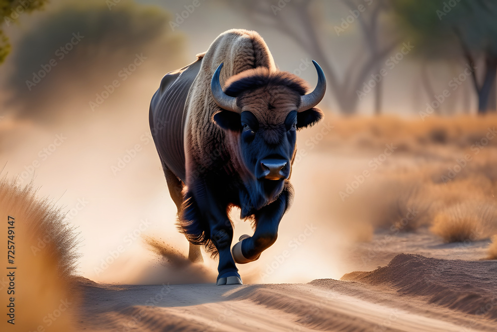 Powerful American bison bull running in the desert, creating a dust ...
