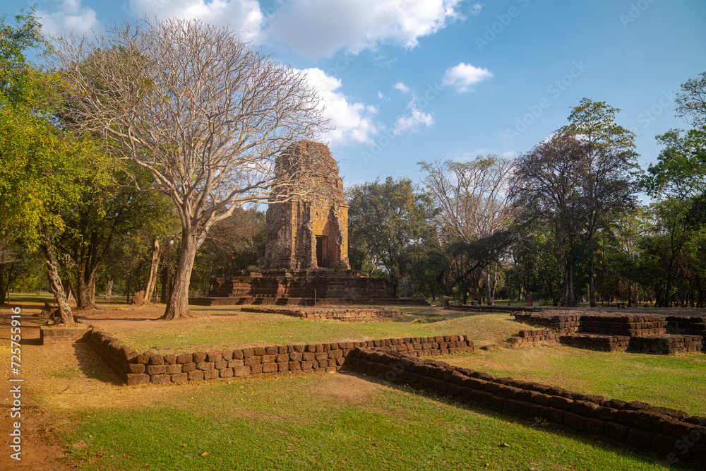 The ruins of an old castle built with laterite bricks of the ancient ...