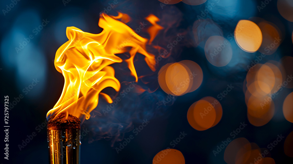 Burning torch against blurred bokeh lights, copy space. Symbol of ...