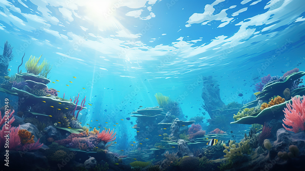 Sunlight illuminating exotic underwater landscape with colorful coral ...