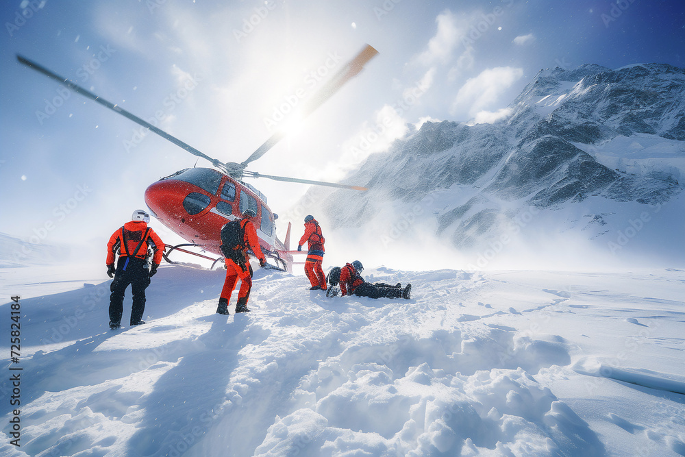 Rescue team and rescue helicopter rescuing a man at snow mountain ...
