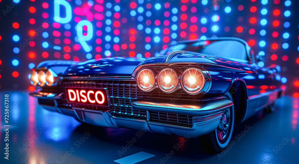 disco background with vintage car in shiny blue and purple neon ...