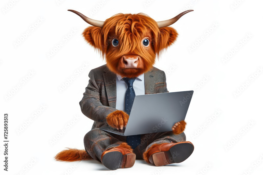 Highland cattle cow in clothes with surprised large bulging eyes with ...
