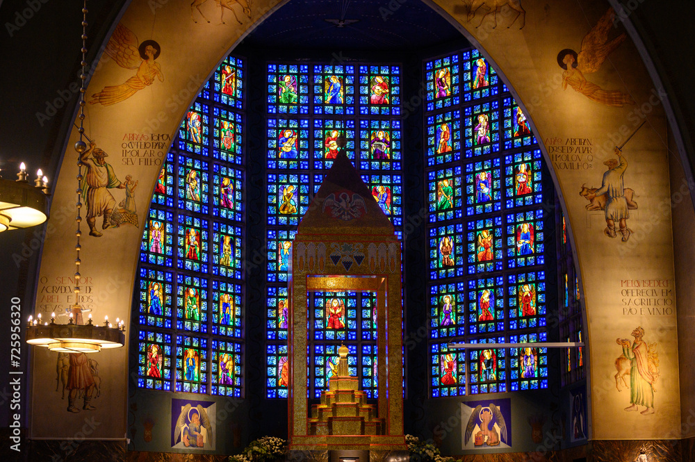 Stained-glass windows above the main altar in Igreja de Nossa Senhora ...