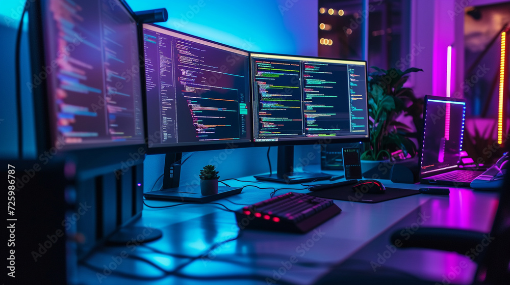 A conceptual image of a developer's workspace with multiple screens ...