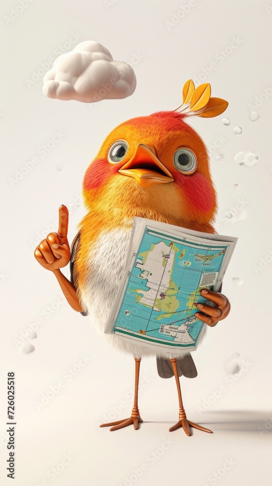 Cartoon digital avatars of a cheerful robin holding a weather map ...