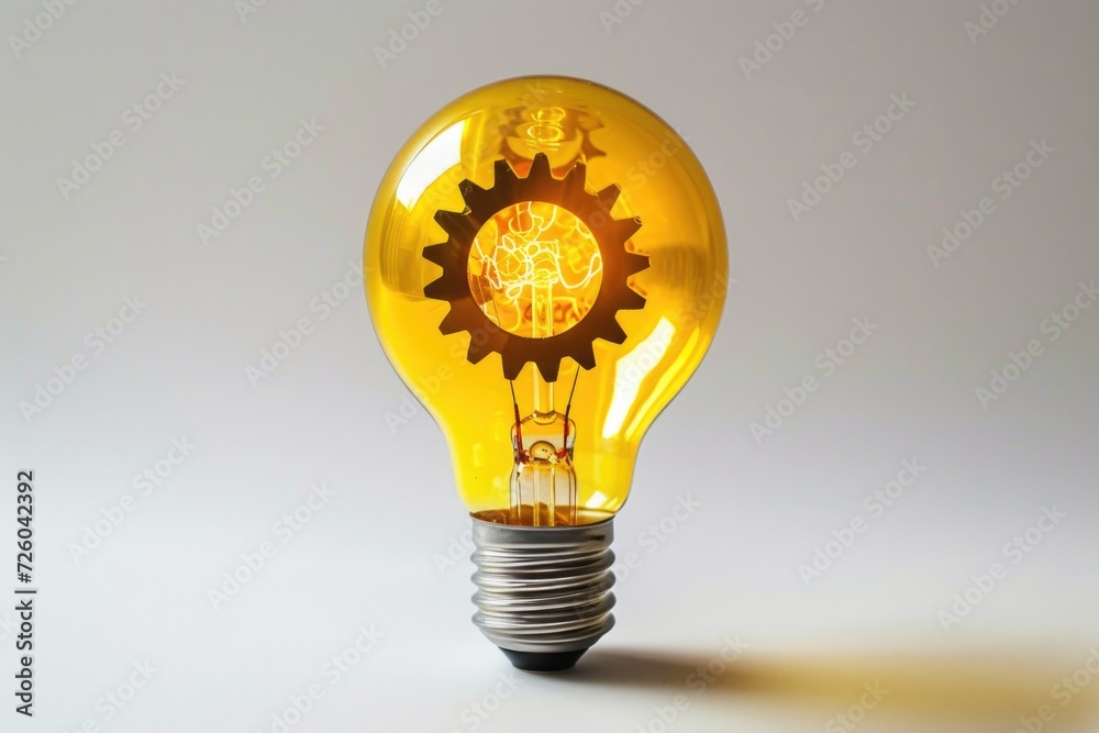 Gear inside a light bulb in a yellow circle, white background, concept ...