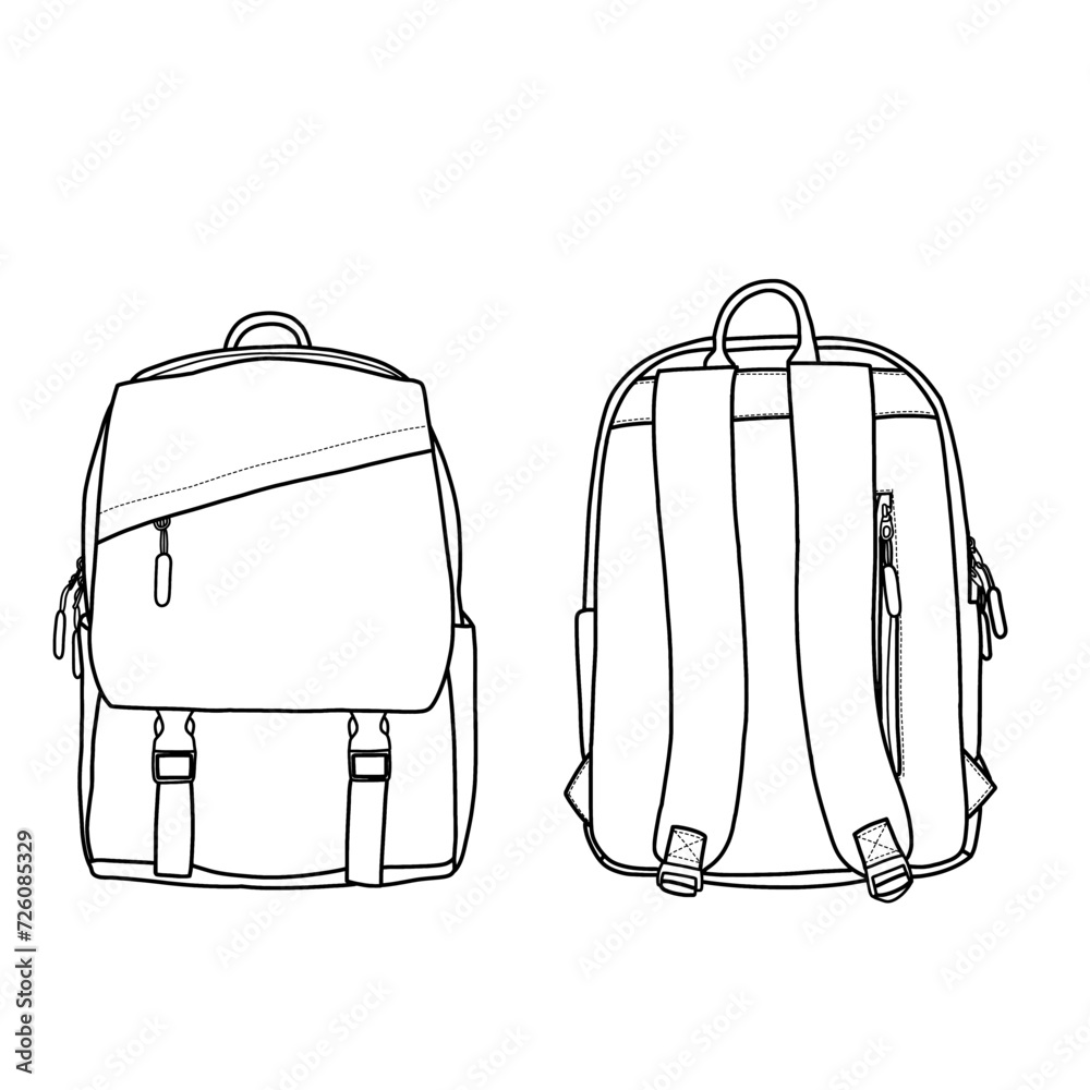 Backpack with side pockets, zipper, and buckles. Flat sketch fashion ...