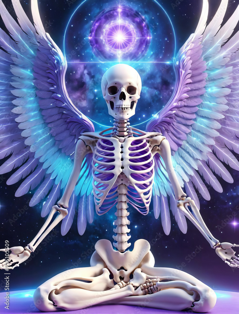 Divine Meditation - Celestial encounter with angel wings, skeleton, and ...