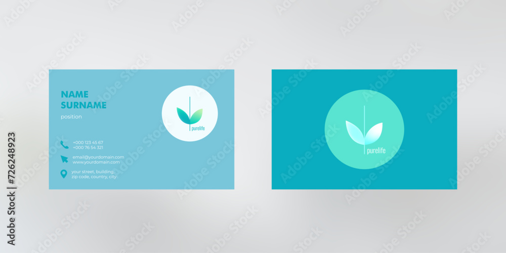 Vector business card design with blue background and leaf logo ...