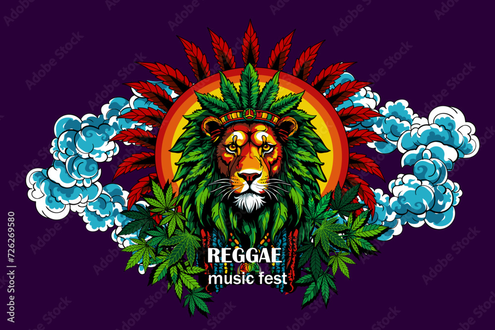 Hand Drawn vector banner depicting a lion with dreadlocks, with ...