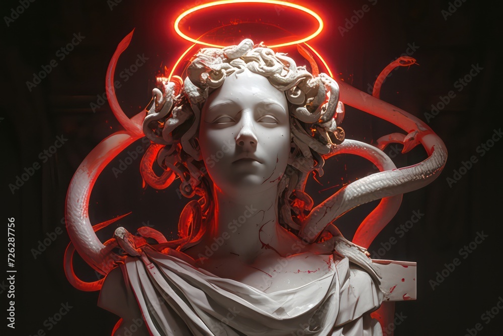 Futuristic illustration of Medusa Gorgon. Ancient Greek statue. Modern ...