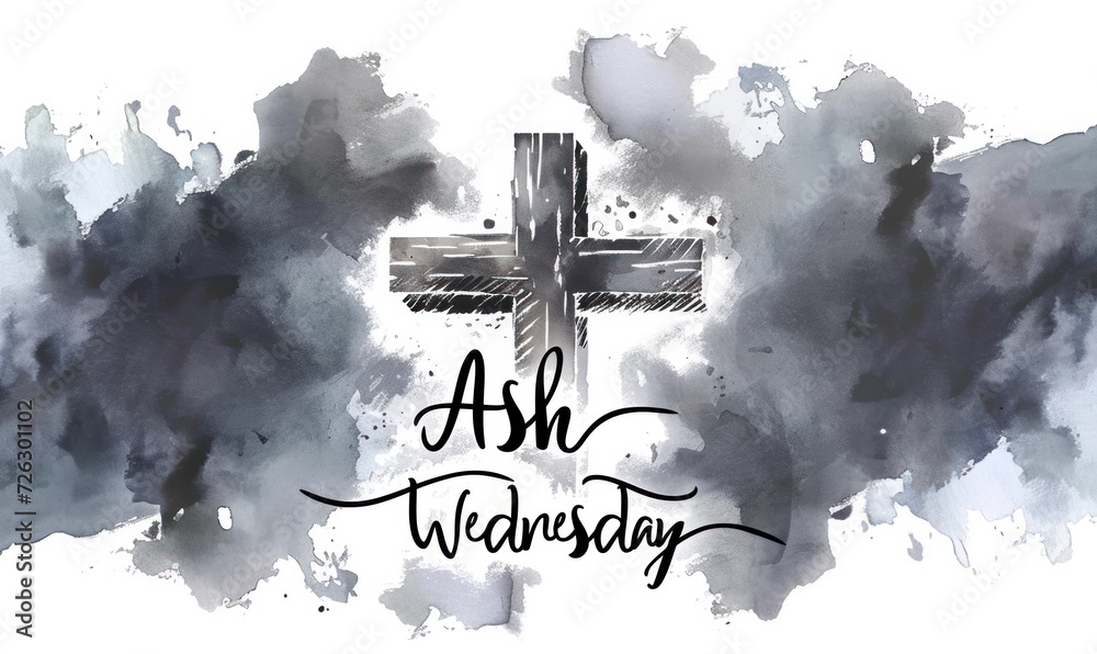 Ash Wednesday - calligraphy lettering with abstract cross on watercolor ...