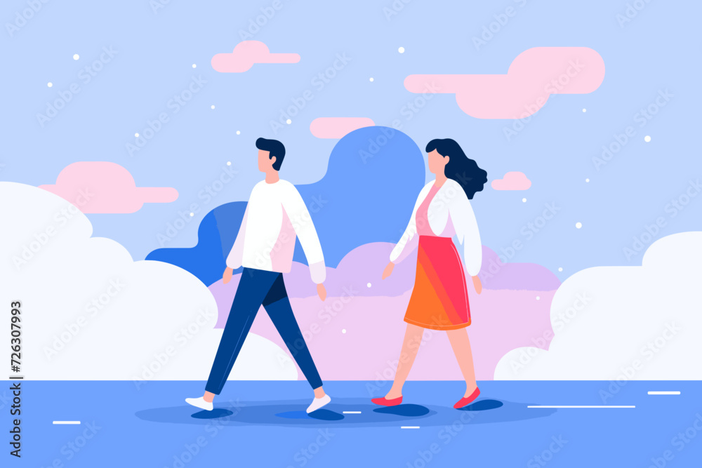 The vector illustration features two people walking in the same ...