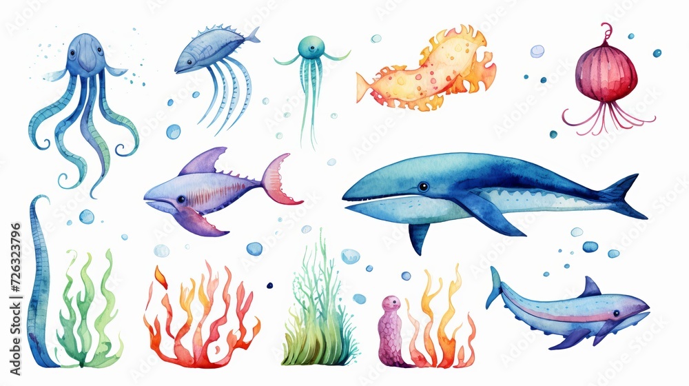Abstract watercolor sea animals ocean creatures Stock Illustration ...