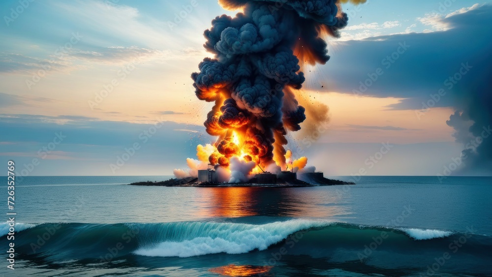 Bomb explosion in sea. Fire and smoke on water. explosion bomb in ocean ...