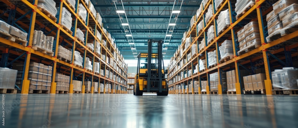 big warehouse with high racks, narrow aisles, warehouse, perspective ...