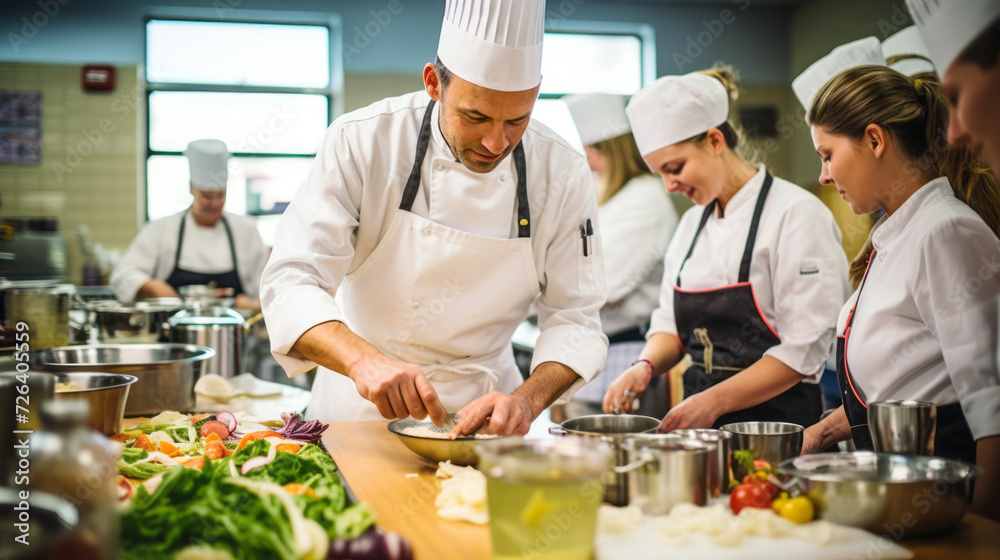 Experienced chefs in white uniforms and a chef's hat prepare various ...