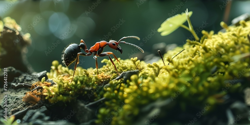 Macro photography of insects in a lush forest. ants on moss. close-up ...