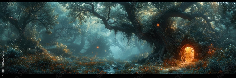 Mythical gardens with enchanted structures and mystical creatures Stock ...
