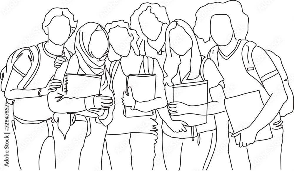 One continuous line drawing of female student standing with backpack on ...