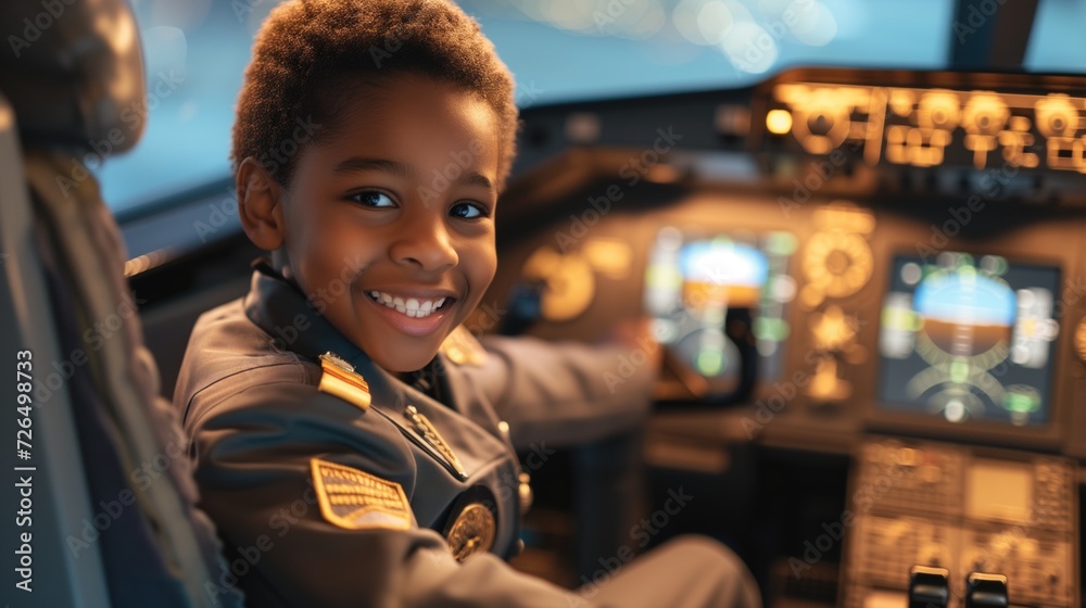 Happy Kid as Airplane Captain joyful child dressed in a pilot suit ...