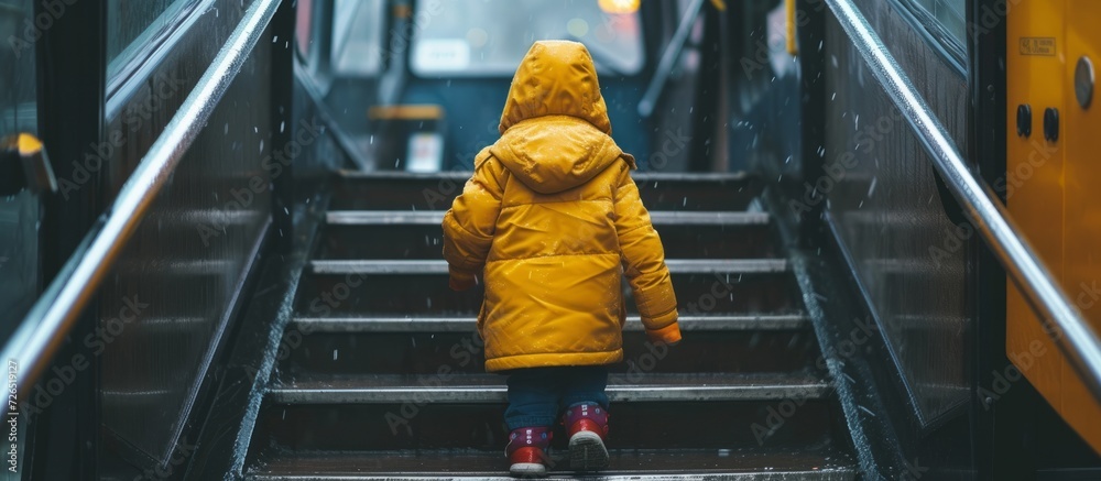 Child ascending bus stairs, watch your step sign visible. Stock Photo ...