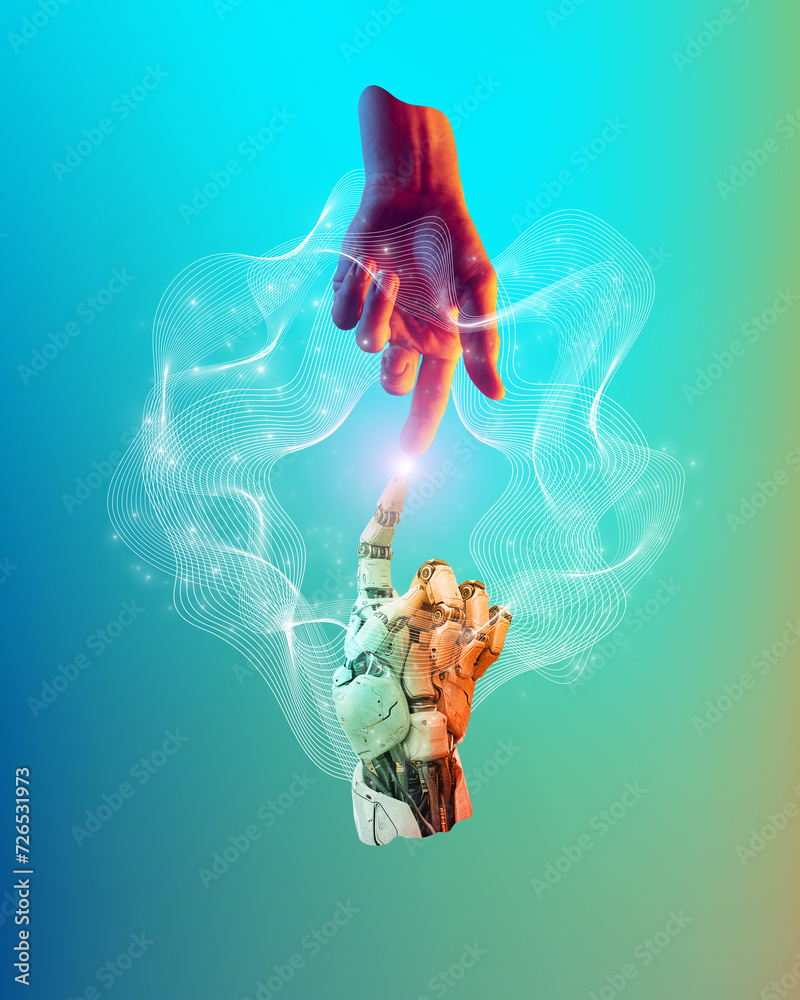 Human hand reaching out to 3D model of robotic hand with light ...