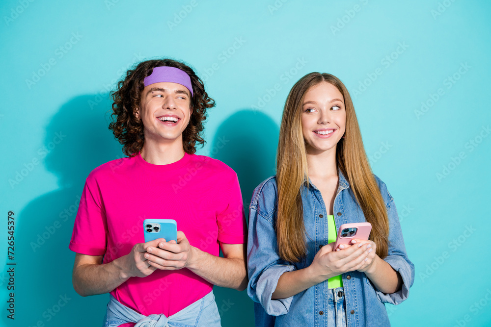 Photo of young two teenage girlfriend with boyfriend tricky looking ...