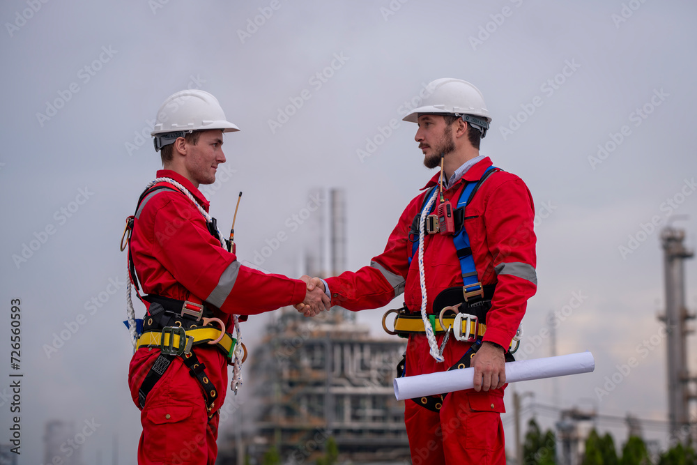 Engineer survey team wear uniform and helmet stand workplace checking ...