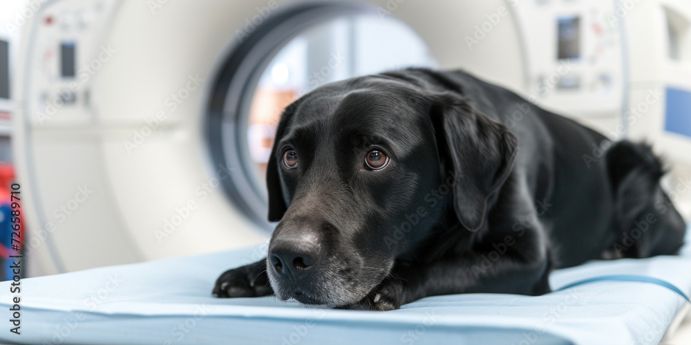 Vets examining x-ray on Labrador dog lying in veterinary surgery ...