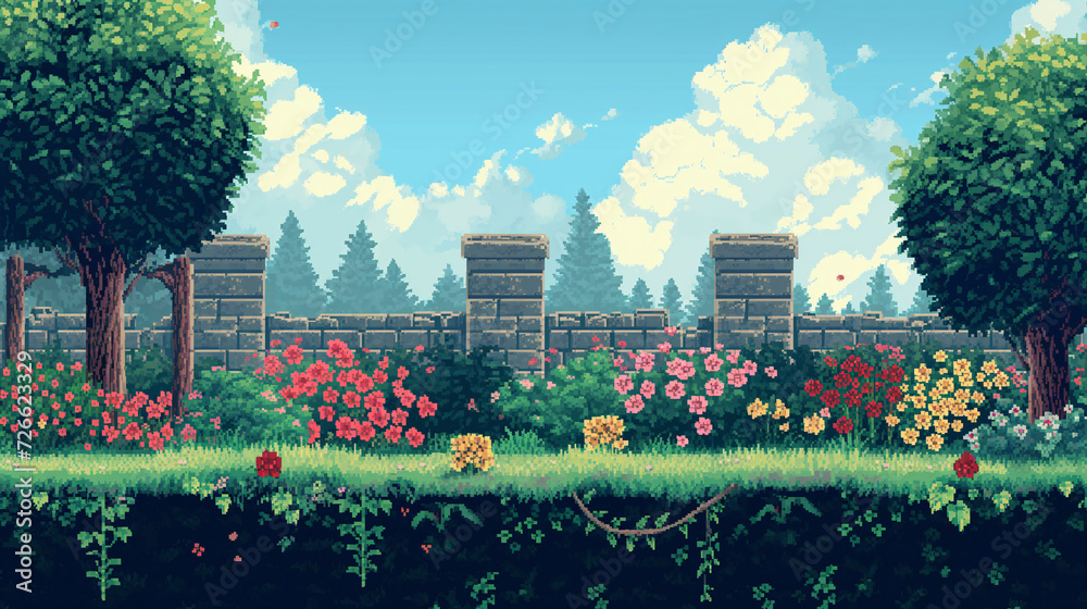 pixel art of flower garden dungeon background battle scene in RPG old ...