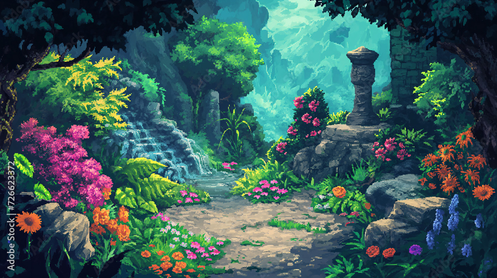 pixel art of flower garden dungeon background battle scene in RPG old ...