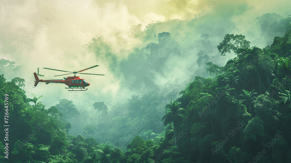 Rescue helicopter flying above rainforest searching missing person ...