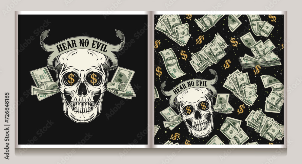 Seamless pattern, label with skull, money, 100 dollar bills, dollar ...