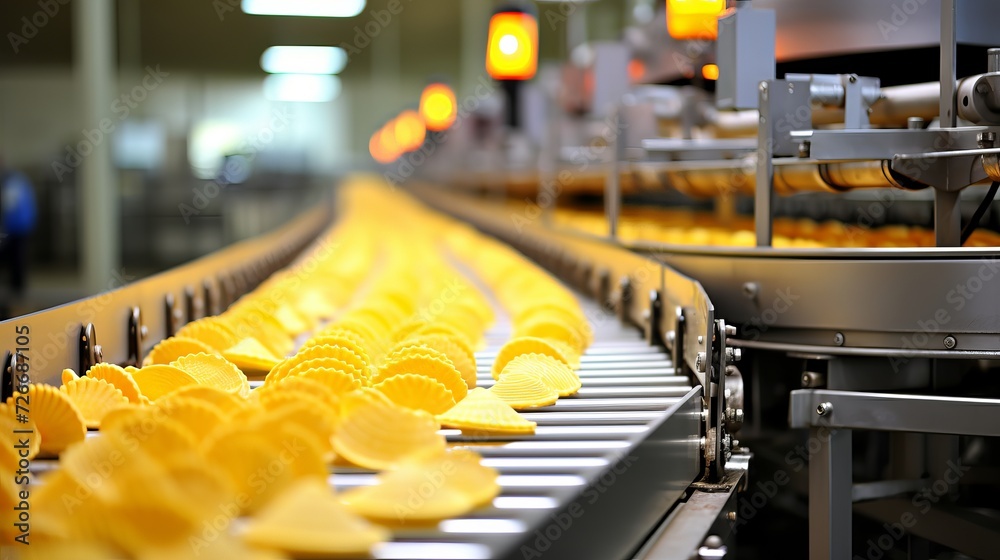 Automated potato chips packaging line on conveyor belt for crispy snack ...