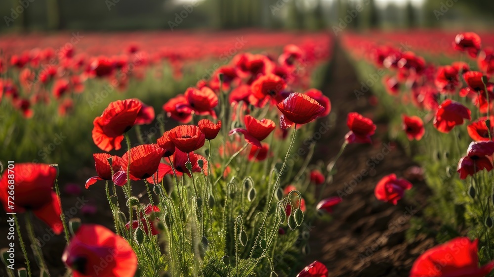 a solitary opium poppy flower standing tall amidst a cultivated field ...