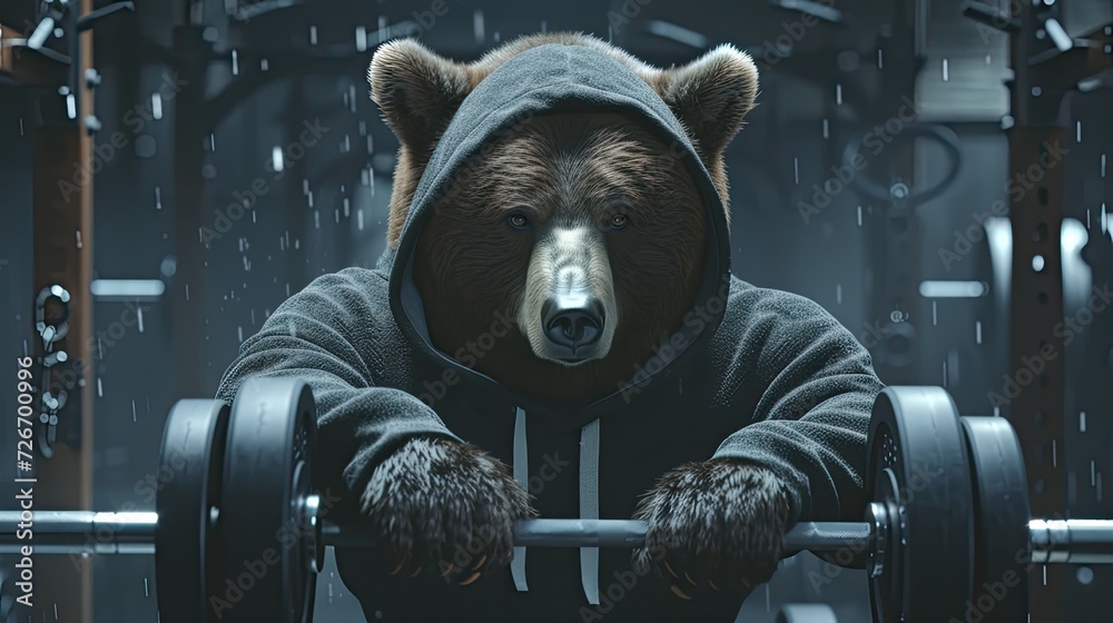 a bear with fur and brown eyes dons a black hoodie and grey shorts ...